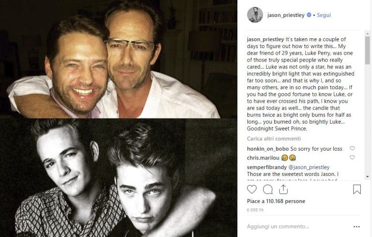 Il messaggio d'addio di Jason Priestley all'amico Luke Perry