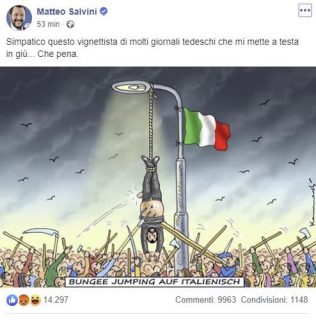 La vignetta provocatoria: Salvini appeso a testa in giù come Mussolini