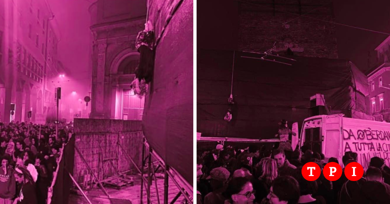 Bologna, manichino Meloni impiccato a testa in giù